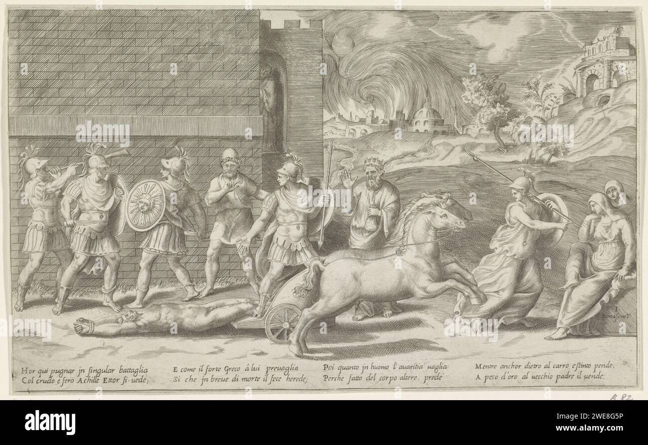 Achilles drags the corpse of Hector behind his car, Giulio Bonasone ...