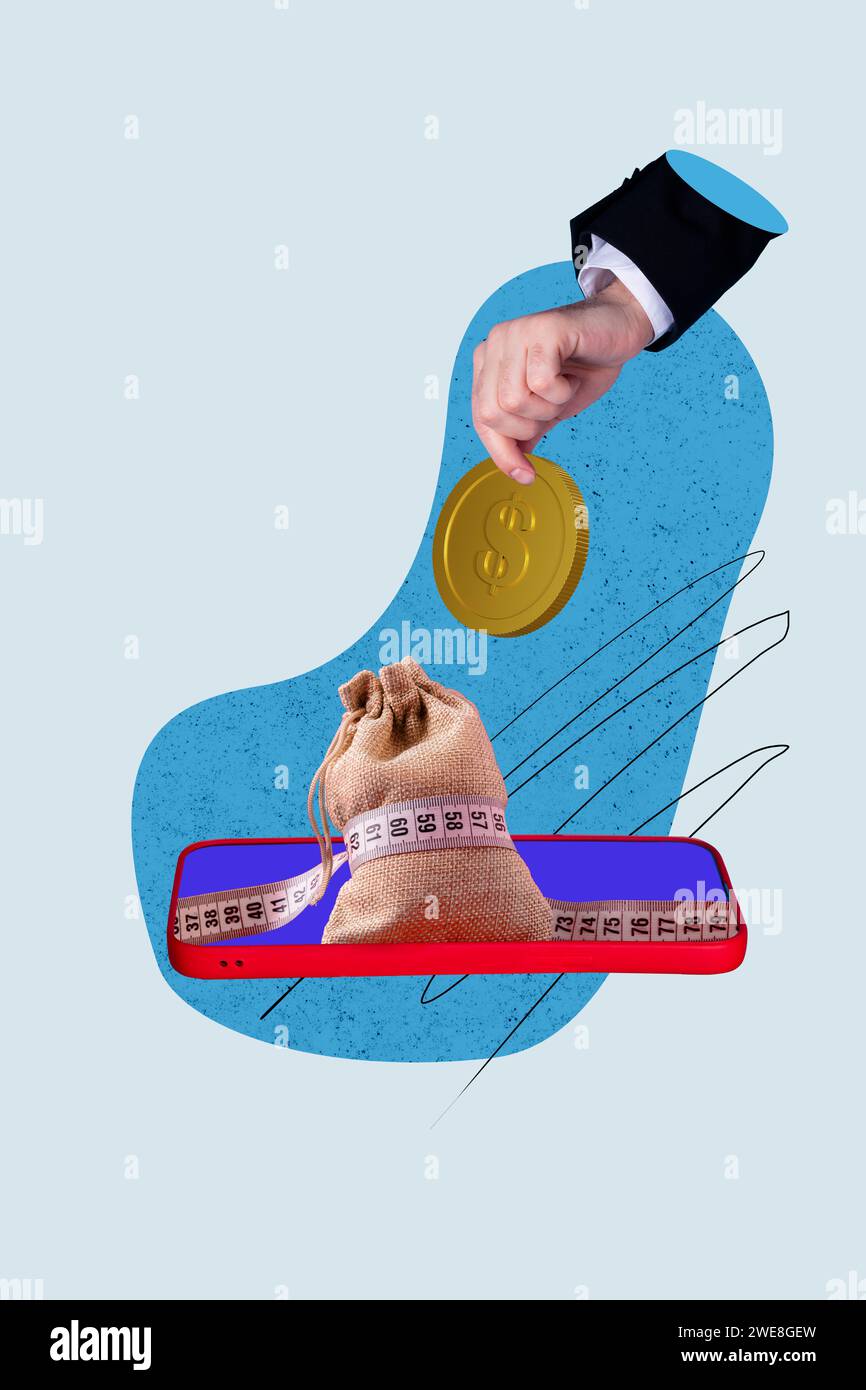 Vertical collage creative illustration image hand put hold saving money ...