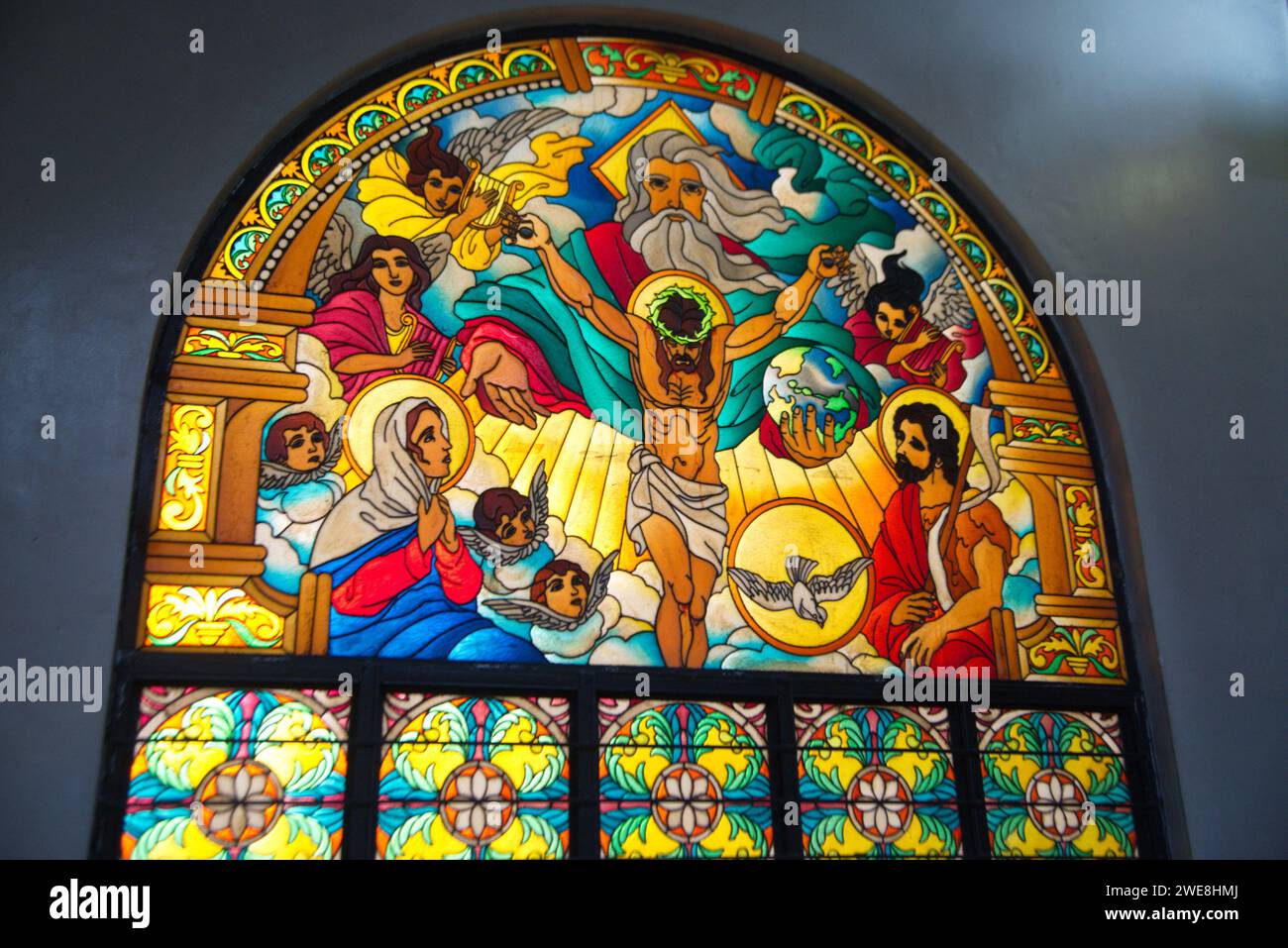 Stained glass image of Jesus on the cross in the church window at The ...