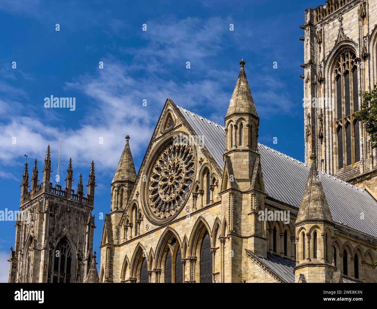 York Minster, south front with the Rose window and central tower. York ...
