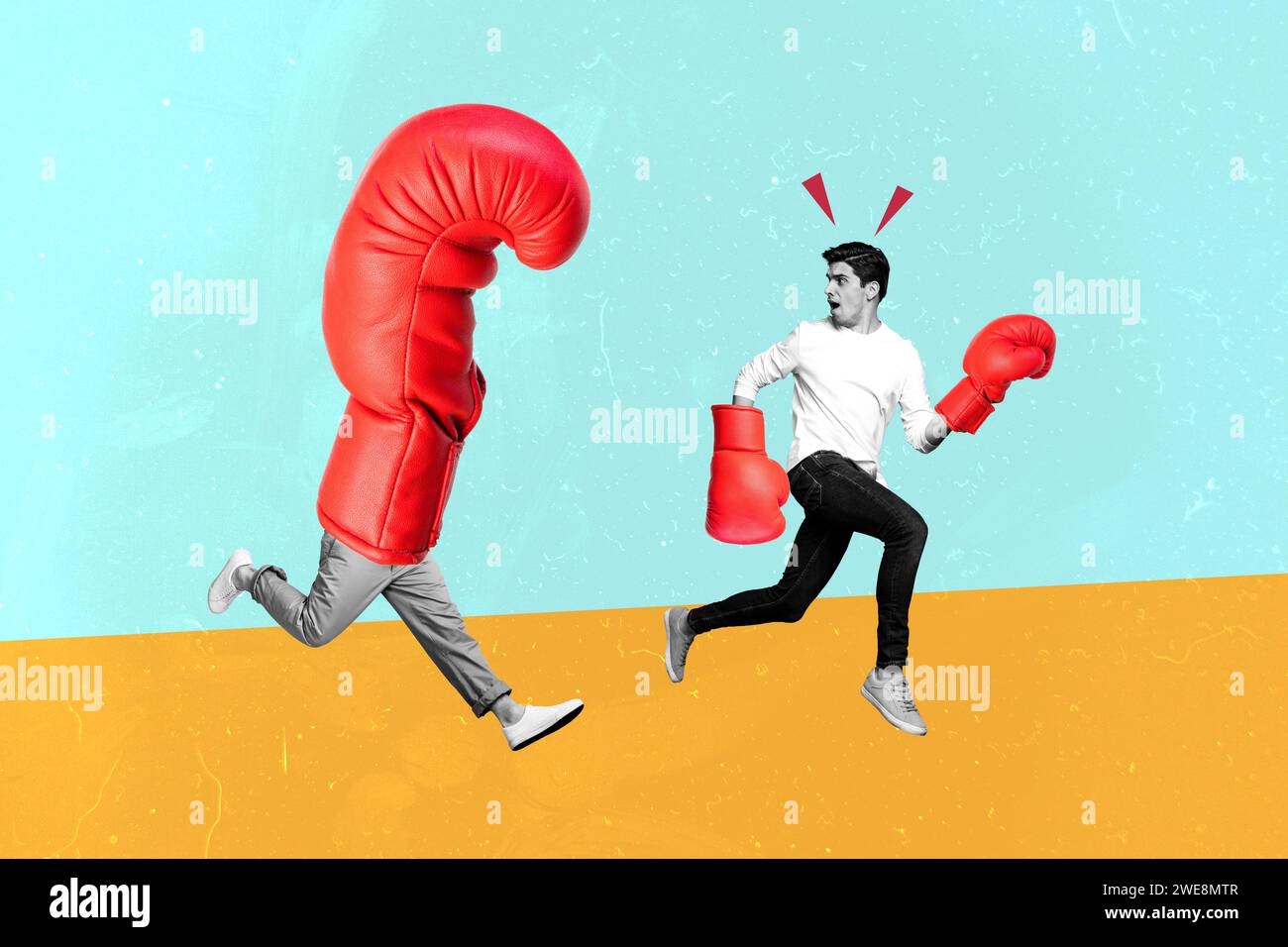 Collage artwork image of afraid scared man escaping weird strong boxer ...