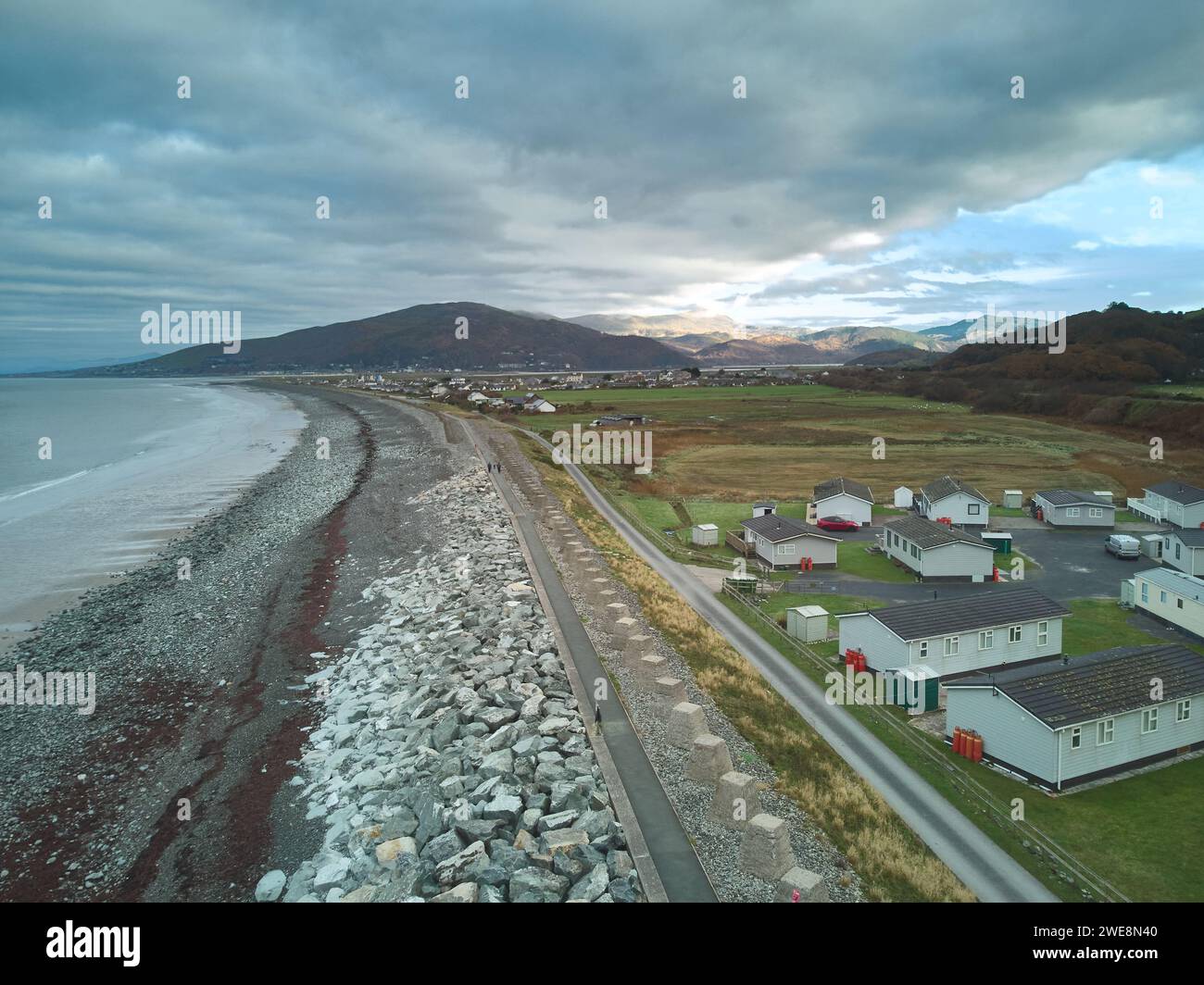 aerial view of Fairbourne, a coastal village in North Wales threatened ...