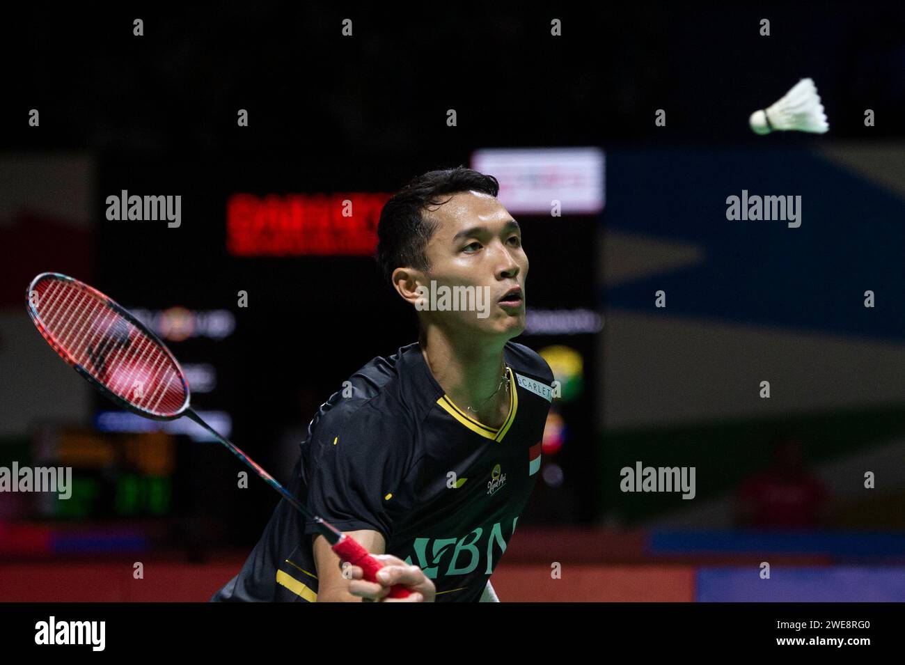 Jakarta, Indonesia. 24th Jan, 2024. Jonatan Christie hits a return during the men's singles ...