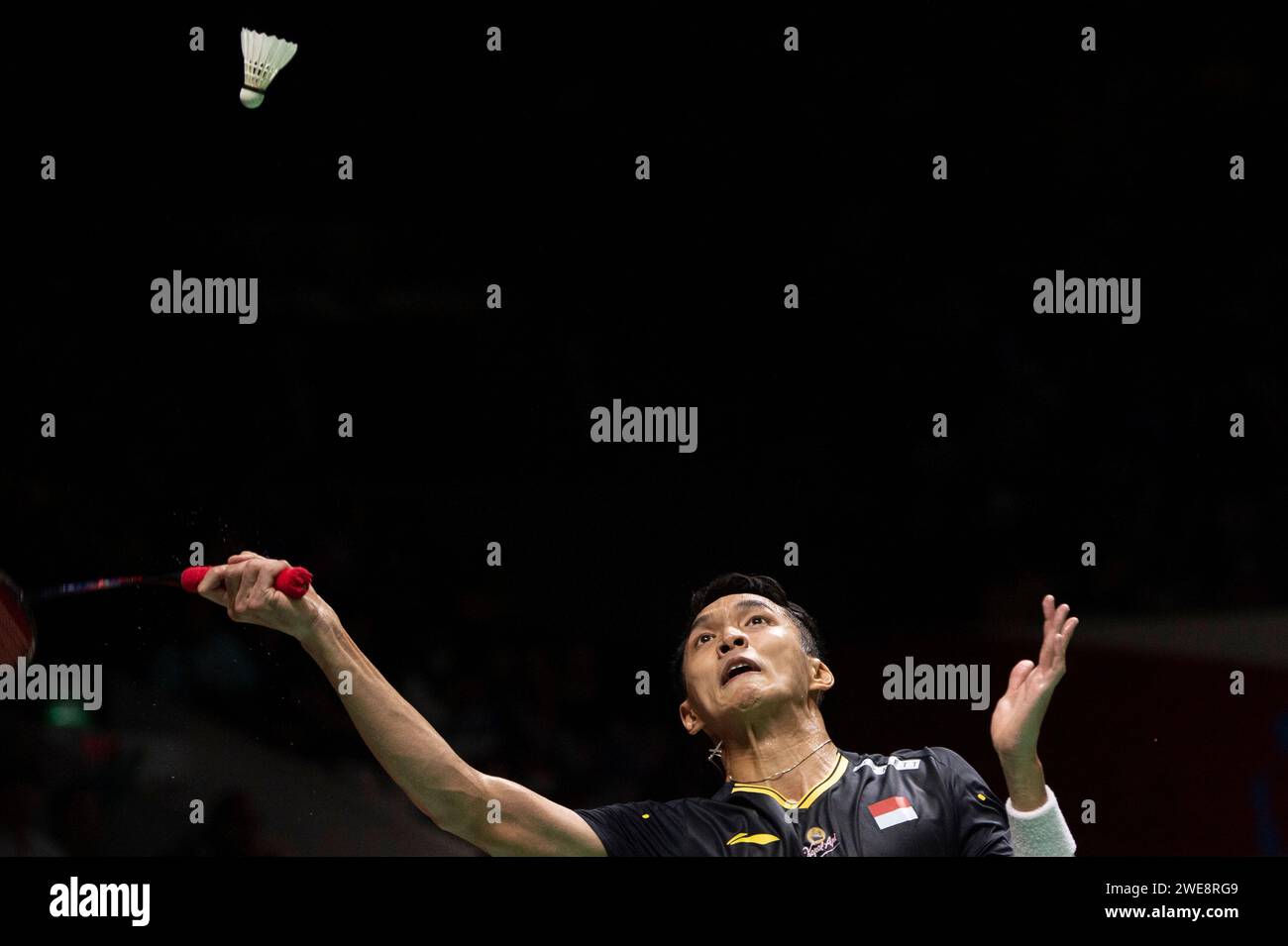 Jakarta, Indonesia. 24th Jan, 2024. Jonatan Christie hits a return during the men's singles ...