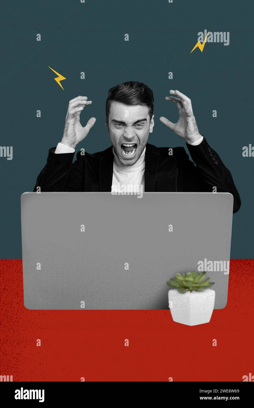 Vertical collage creative illustration image monochrome effect furious ...