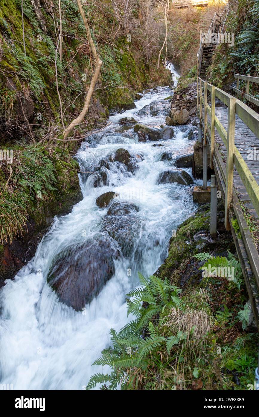 The footpath up Mill Burn in the Ochil Hills near Tillicoultry Stock ...