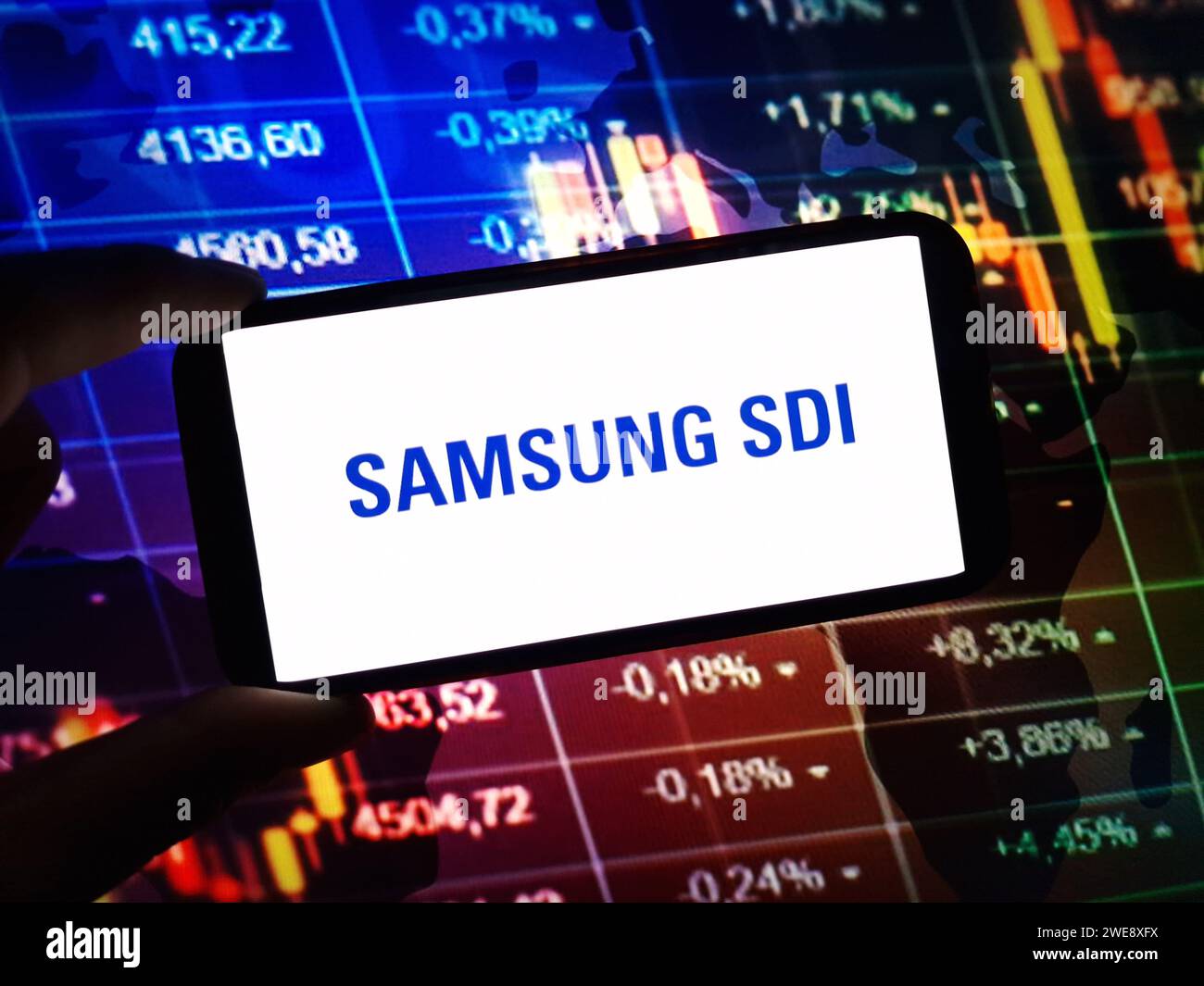 Konskie, Poland - January 23, 2024: Samsung SDI company logo displayed on mobile phone screen ...