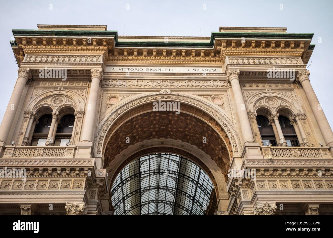 The front of the Galleria Vittorio Emanuele II in the Piazza del Duomo ...