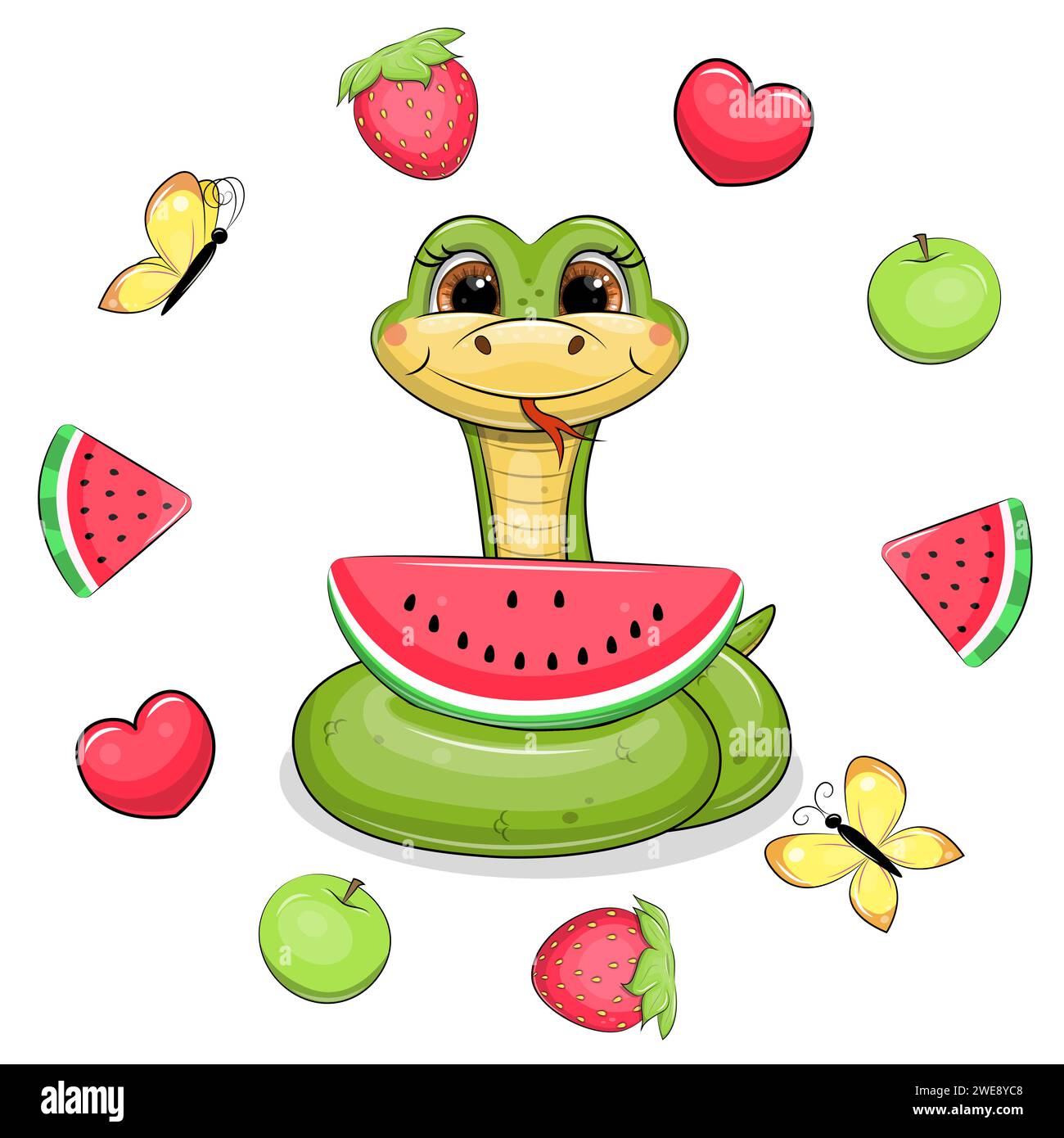 Cute cartoon green snake with watermelon in fruit frame. Vector ...
