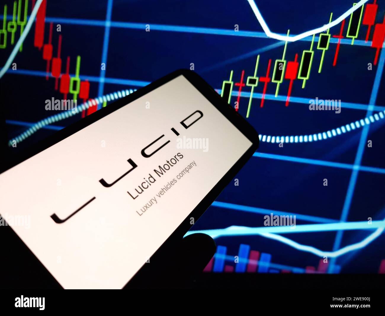 Konskie, Poland - January 23, 2024: Lucid Motors company logo displayed on mobile phone screen ...