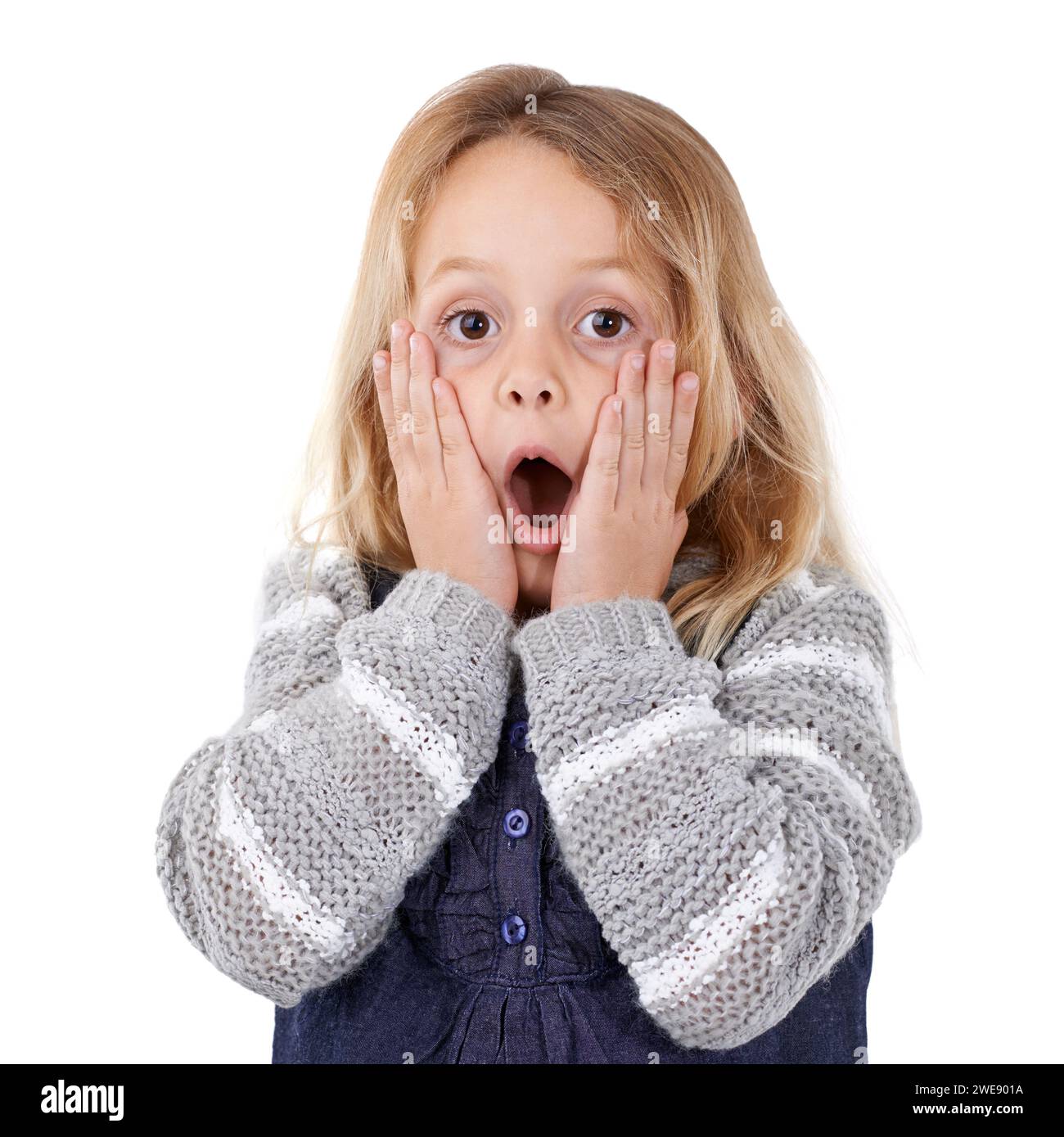 Portrait, surprise or shocked child with mistake, wow or omg facial ...