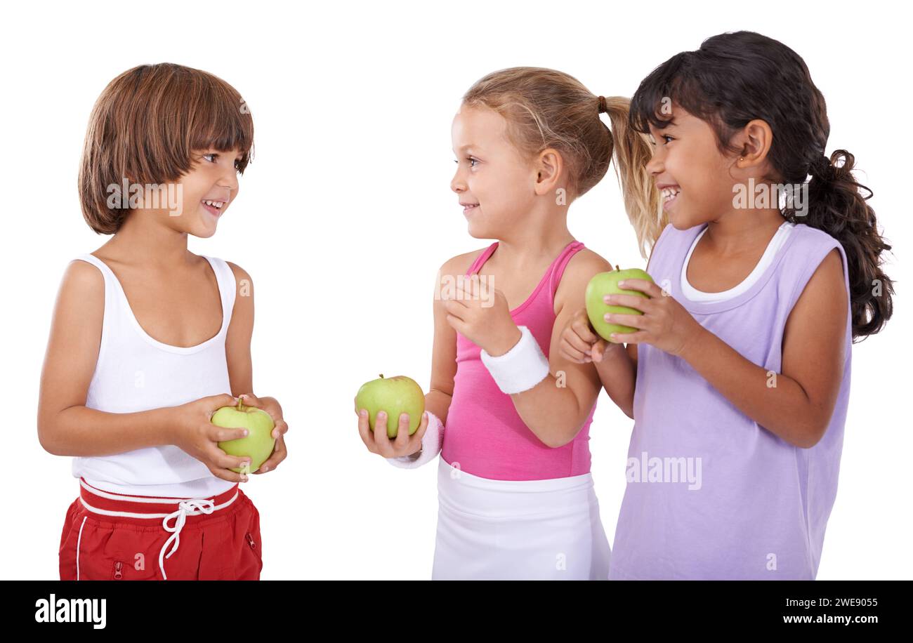 Talking, apple or happy kids in studio with nutrition, wellness or ...
