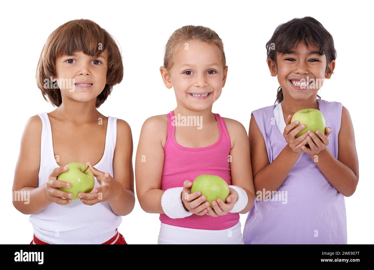 Portrait, apple or happy kids with nutrition, wellness or healthy diet ...