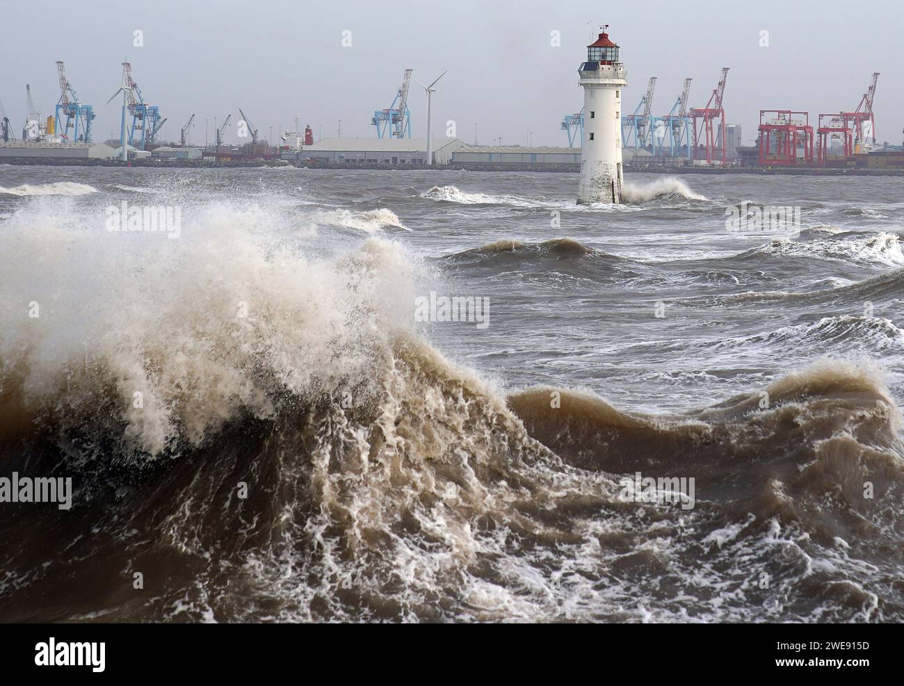 Waves crashing at New Brighton beach, Wirral. Storm Jocelyn has brought ...