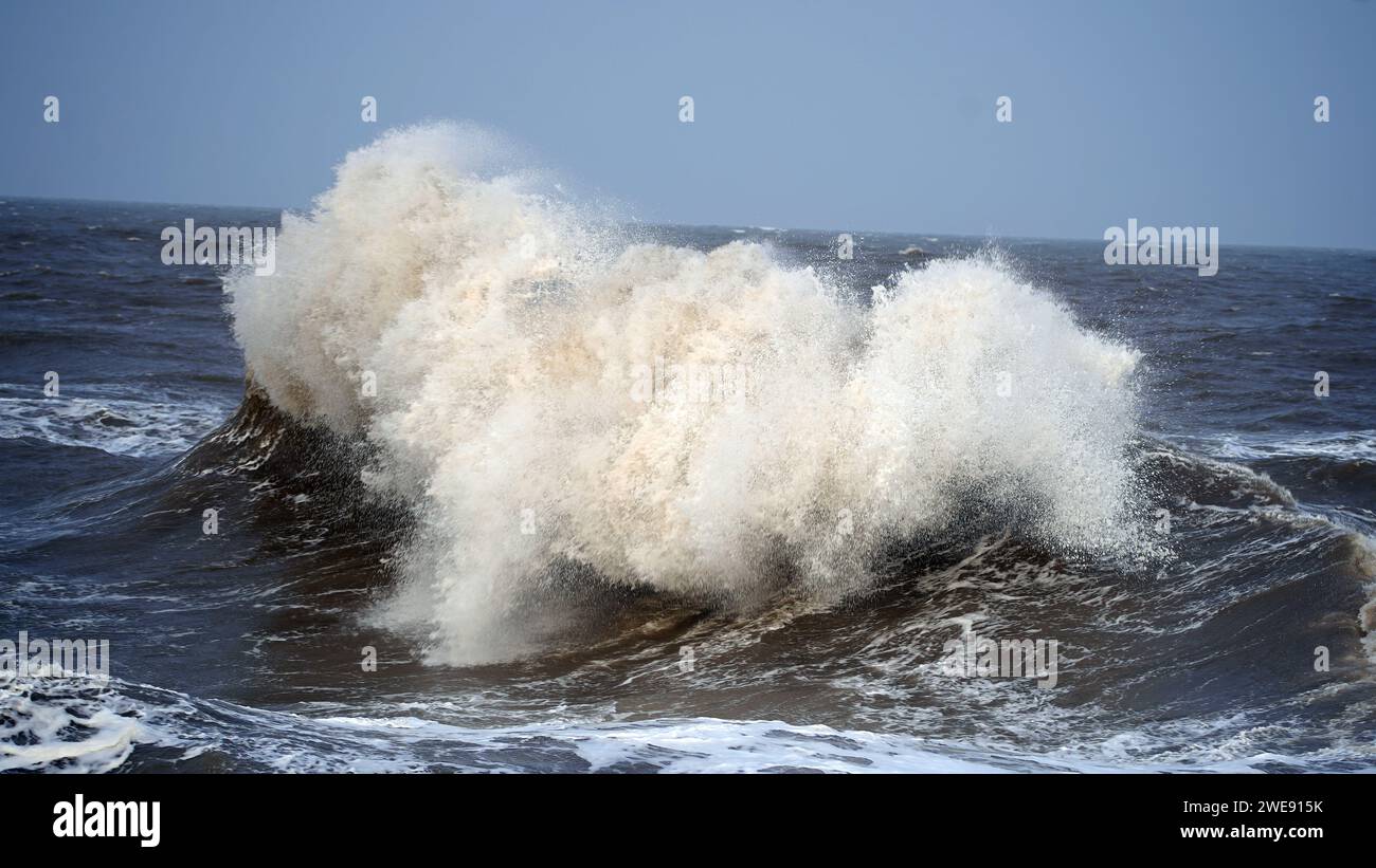 Waves crashing at New Brighton beach, Wirral. Storm Jocelyn has brought ...