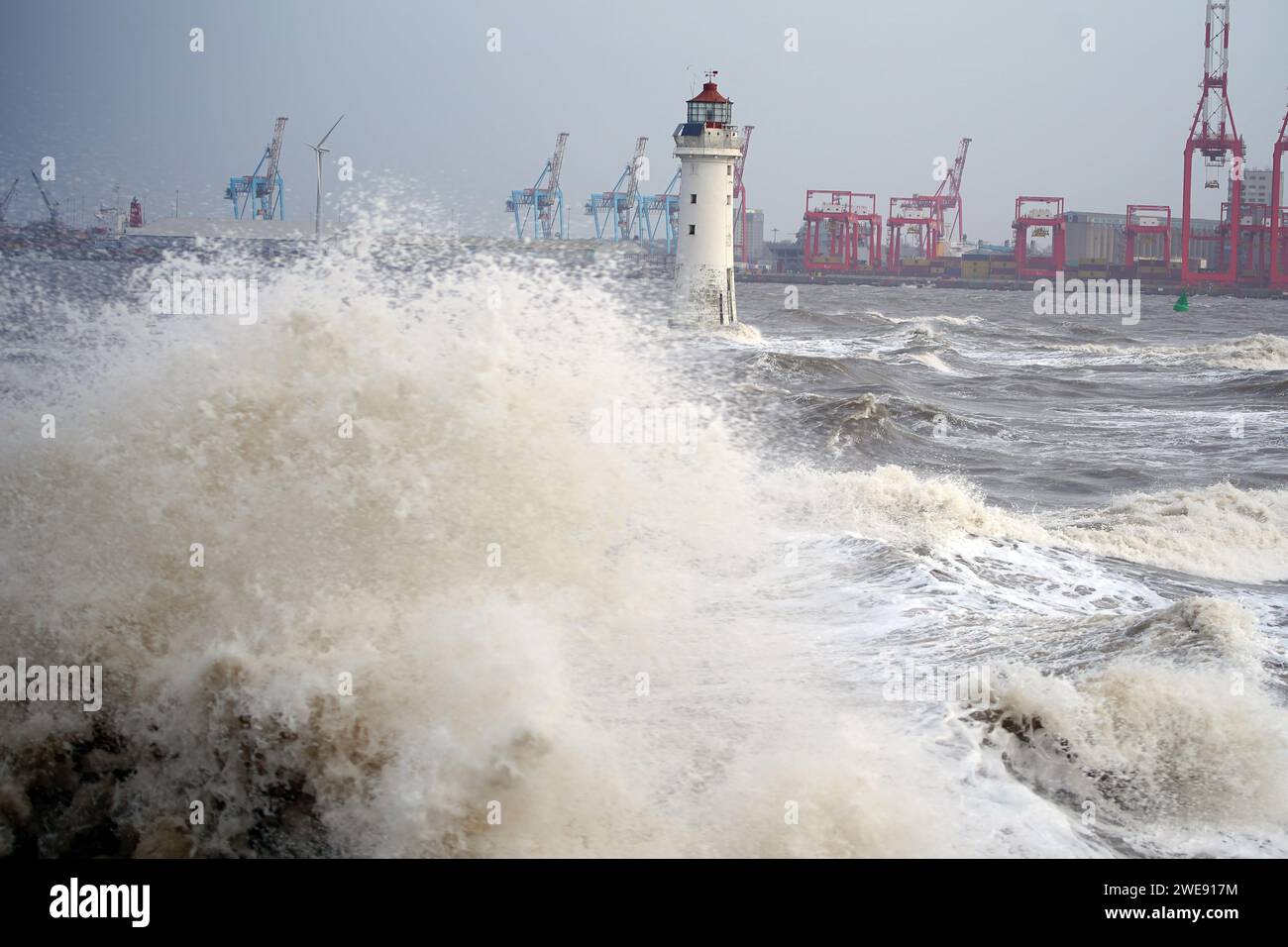 Waves crashing at New Brighton beach, Wirral. Storm Jocelyn has brought ...
