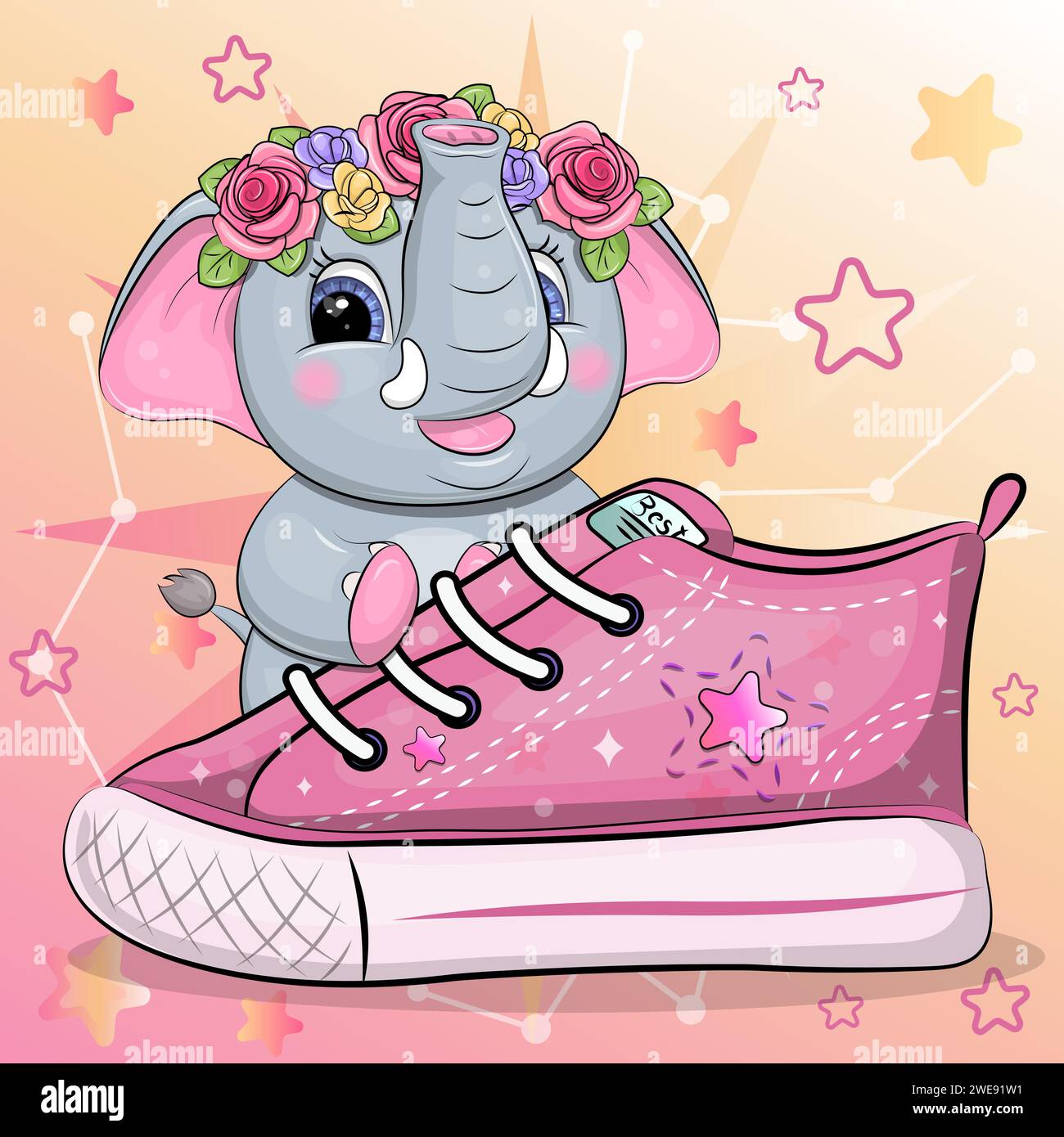 A cute cartoon elephant with a sneaker. Vector illustration of an ...