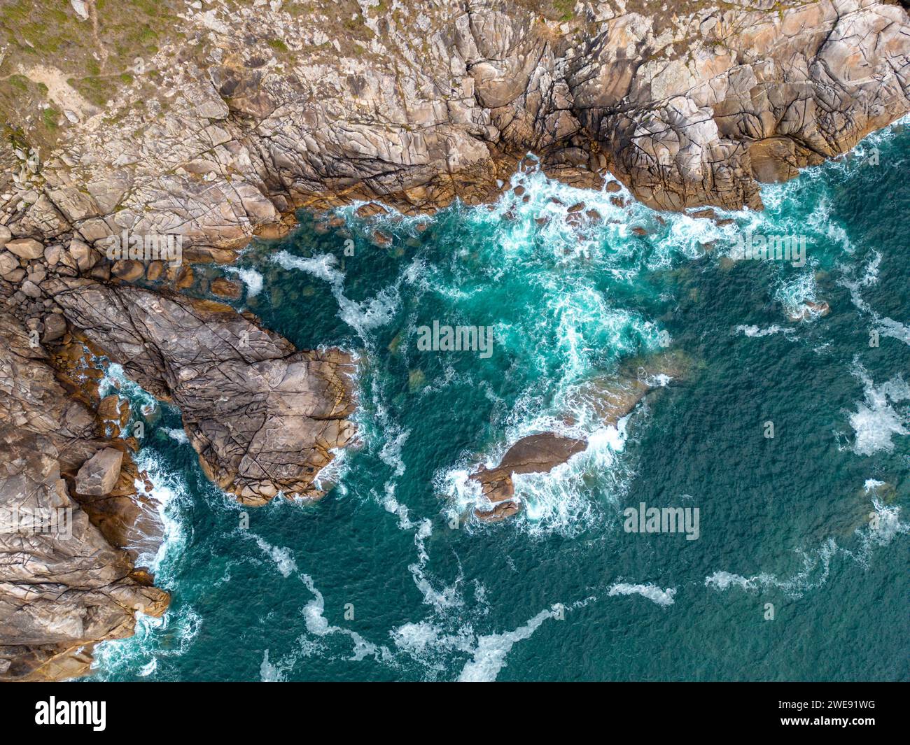 Aerial photography, waves beating in the sea of Galicia, rough ocean ...