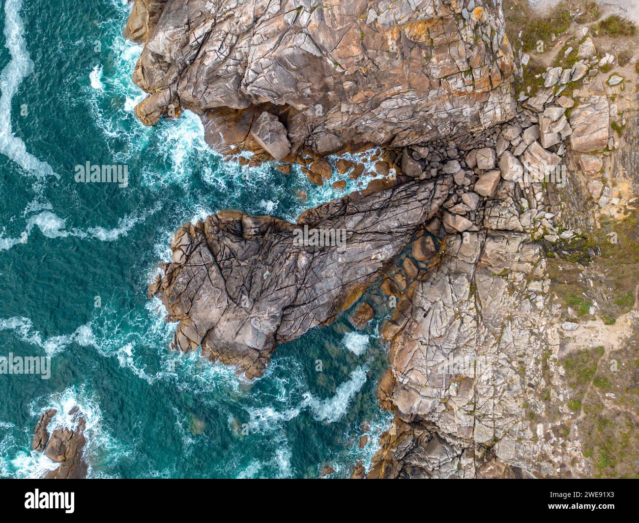 Aerial photography, waves beating in the sea of Galicia, rough ocean ...