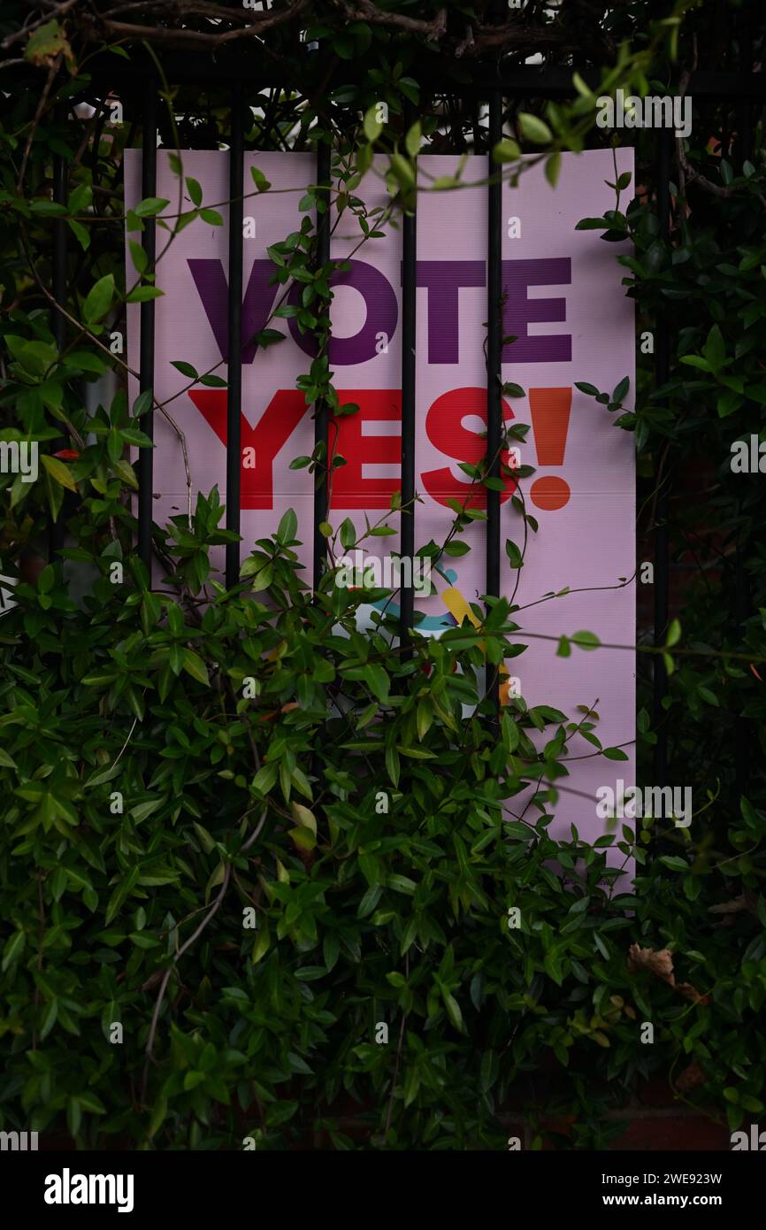 Abandoned vote yes sign from the indigenous voice referendum, left on a fence long after the ...
