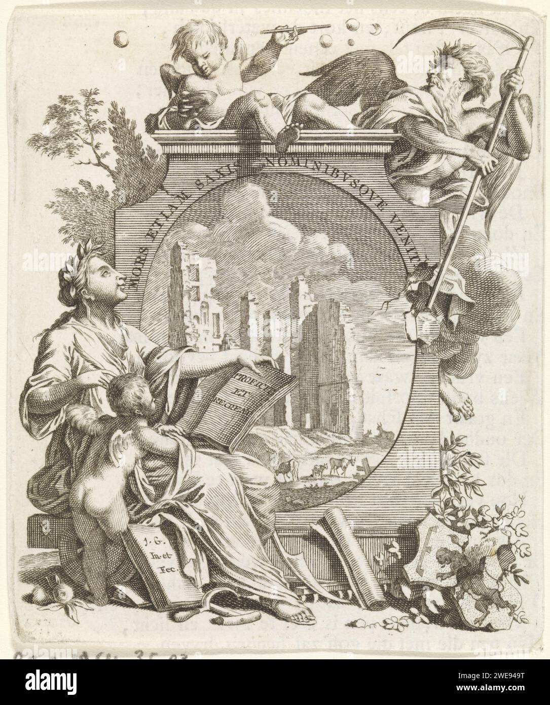Emblem of a ruin, Jan Goeree, 1710 print A woman with a laurel wreath ...