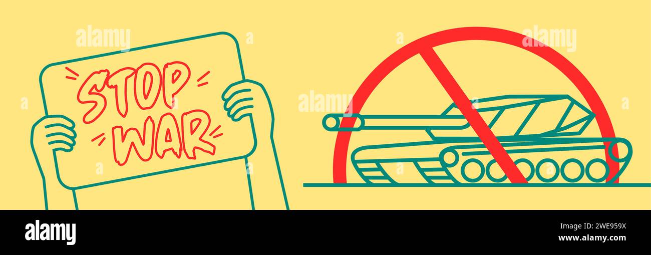 Stop War Line Art Banner with Prohibited Tank Sign and Plank Stock ...