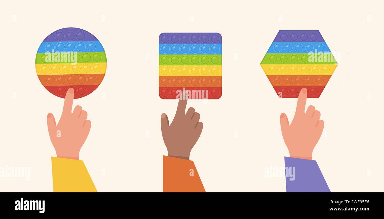 Vector Set of popular Pop It Fidgets. Kids playing with rainbow colored ...