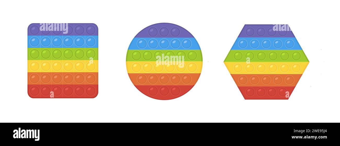 Vector Set of popular Pop It Fidgets. Rainbow colored antistress toys ...