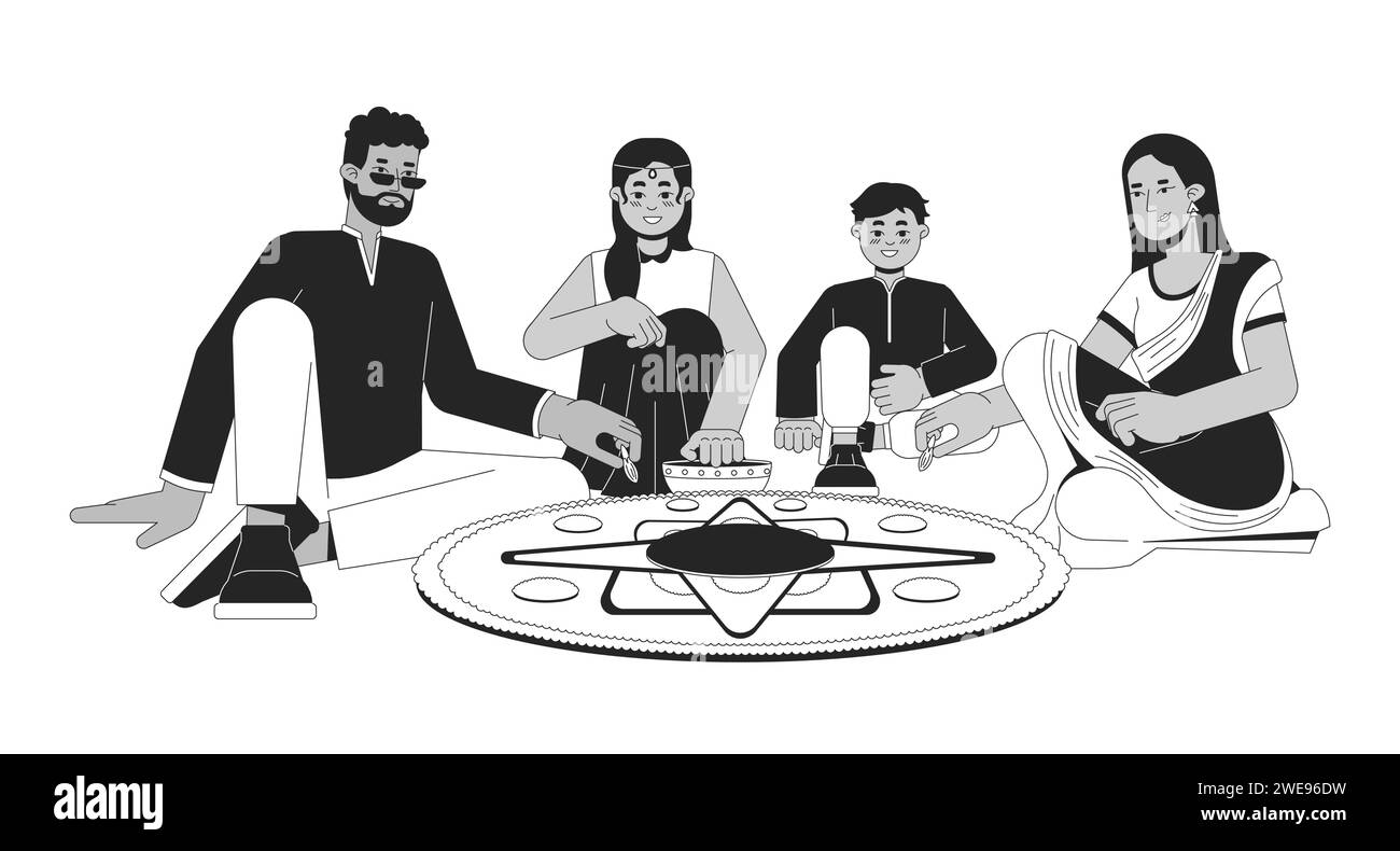 Indian family making diwali rangoli black and white cartoon flat ...