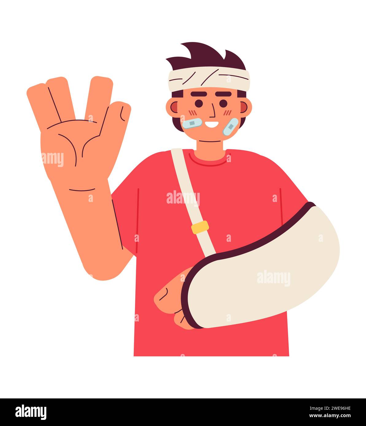 Bandage wrapped man cheerful with arm sling cartoon flat illustration ...