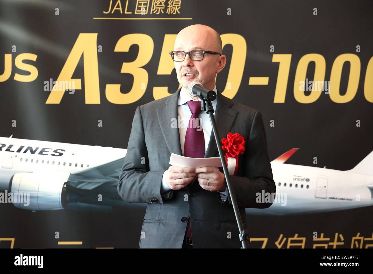 Tokyo, Japan. 24th Jan, 2024. Airbus Japan president StephaneGinoux delivers a speech for Japan ...