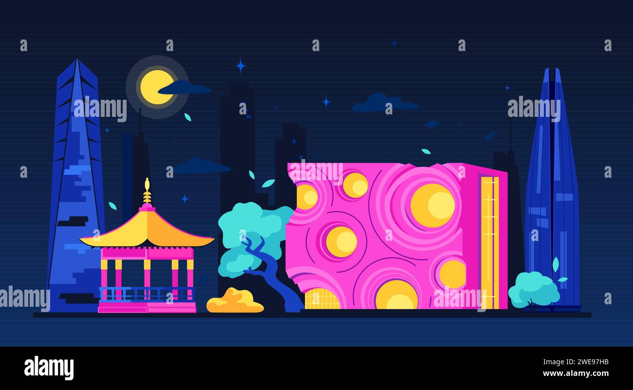Neon nights in South Korea - modern colored vector illustration Stock ...
