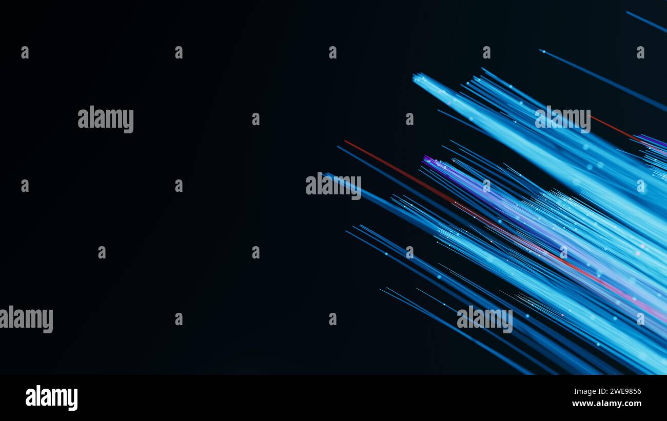 Illuminated straight fiber optic cables with moving data. Glowing ...
