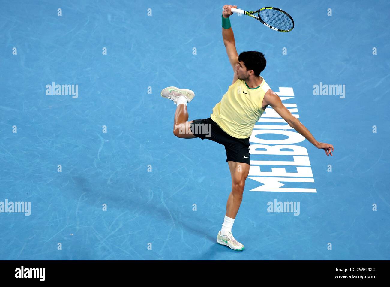 Carlos Alcaraz of Spain plays a backhand return to Alexander Zverev of ...