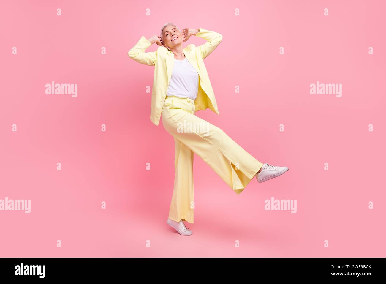 Full size photo of good mood woman with short hairdo wear yellow suit ...