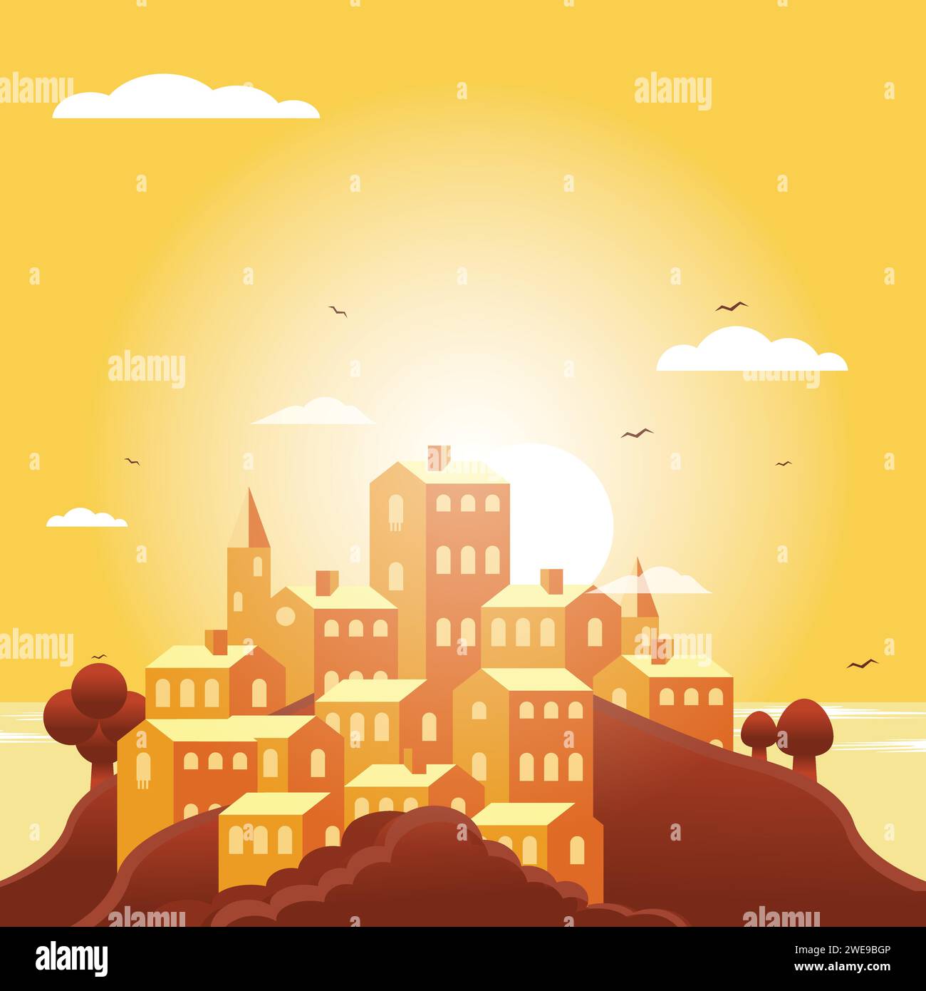 Creative Medieval town landscape with sun and clouds Stock Vector Image ...