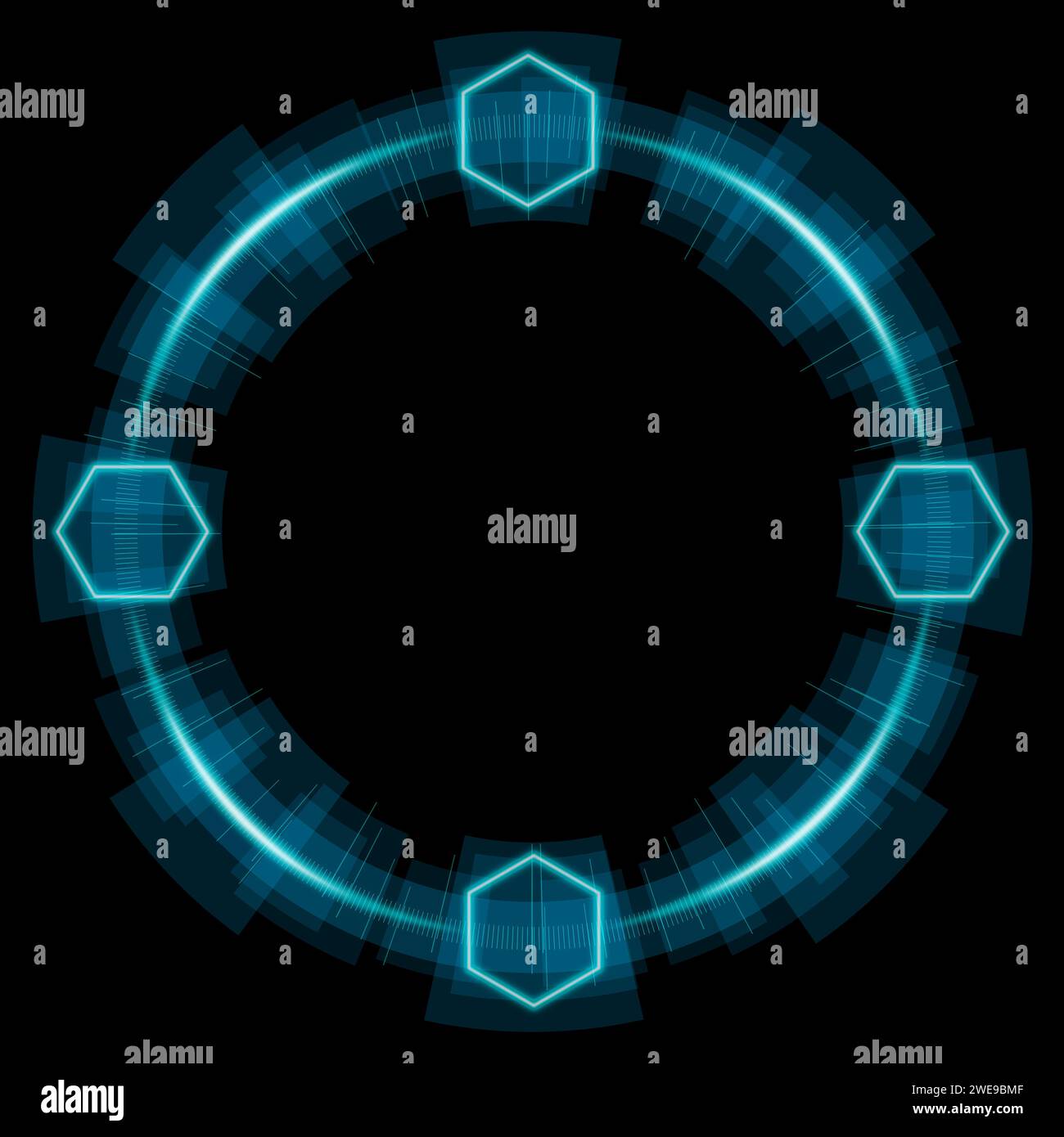circle holographic hud with four hexagon neon light blue futuristic ...