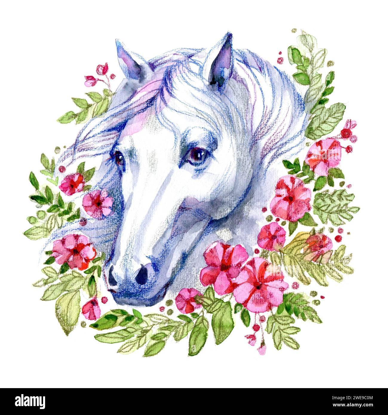 White Horse in floral plant spring frame, circle, wreath with peonies ...