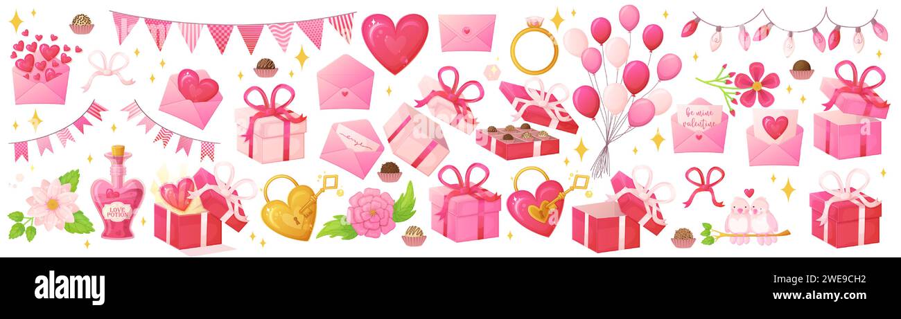 Pink Valentine day objects set. Romantic decoration symbols in ...