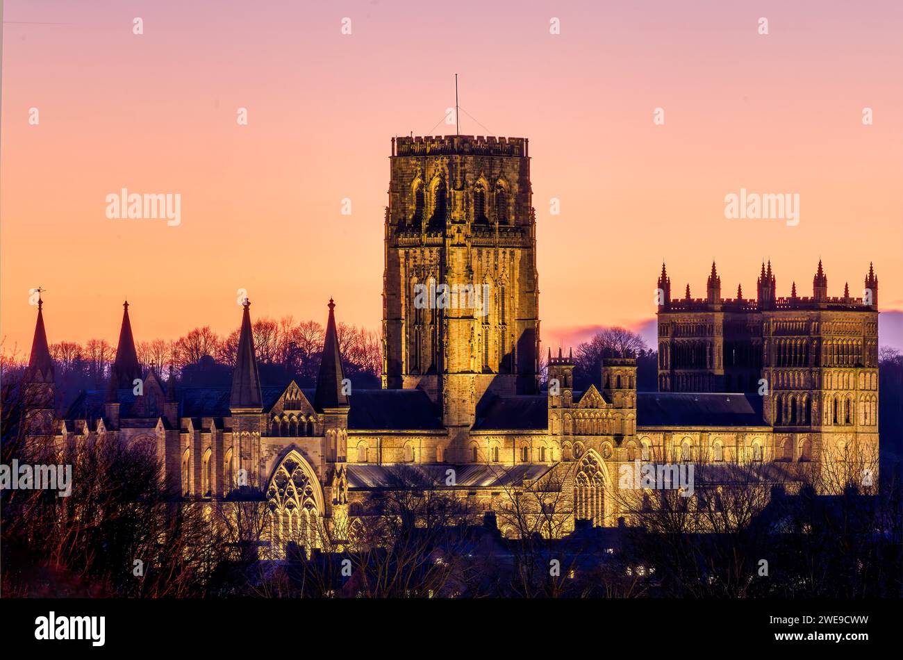 A view of Durham Cathedral floodlit at dusk viewed from the North with ...