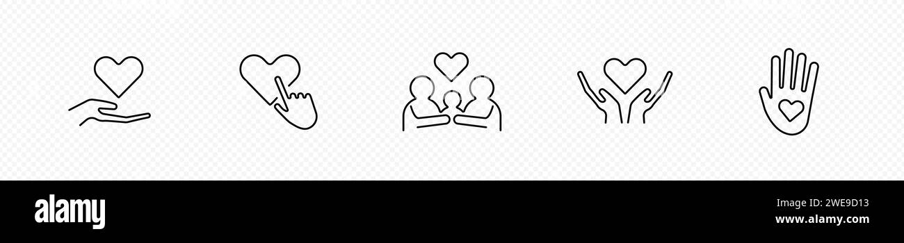 Protection and donation icons. Hands with heart as symbol of care and ...
