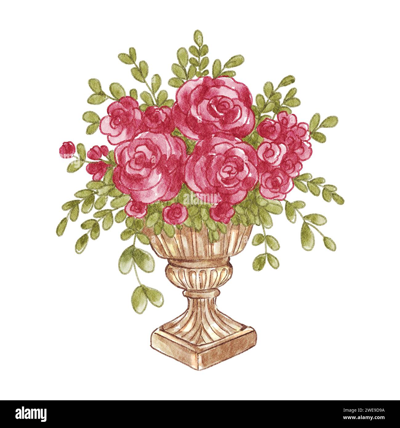 Red roses on luxury vase . Valentines day object . Watercolor painting ...