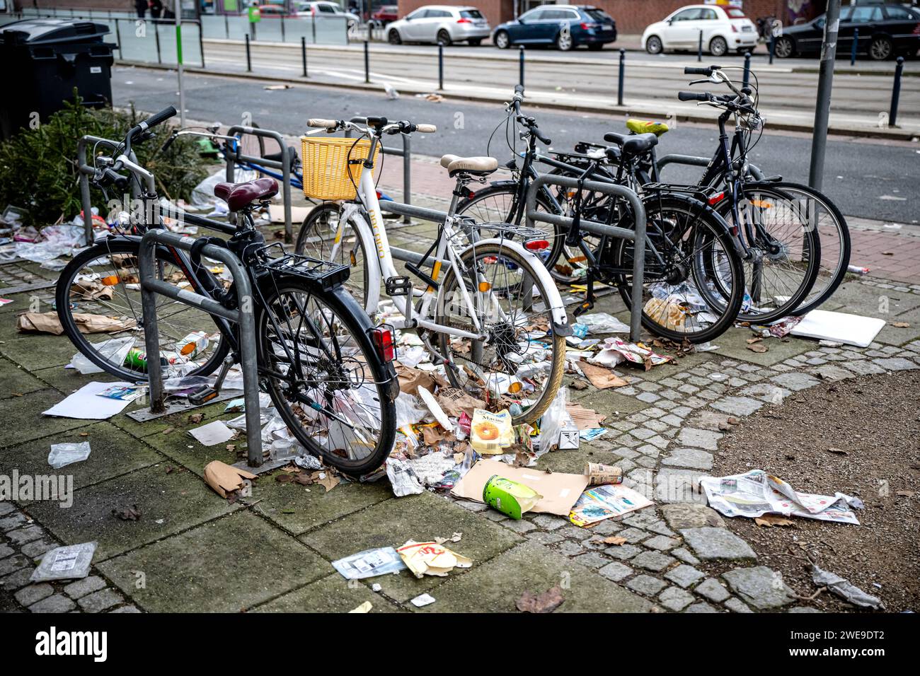 Bremen, Germany. 24th Jan, 2024. Gusts of wind have scattered litter on ...