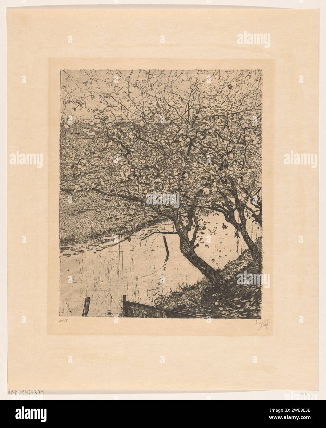 Skewed apple trees along a ditch, Pieter Dupont, 1895 print Two water ...