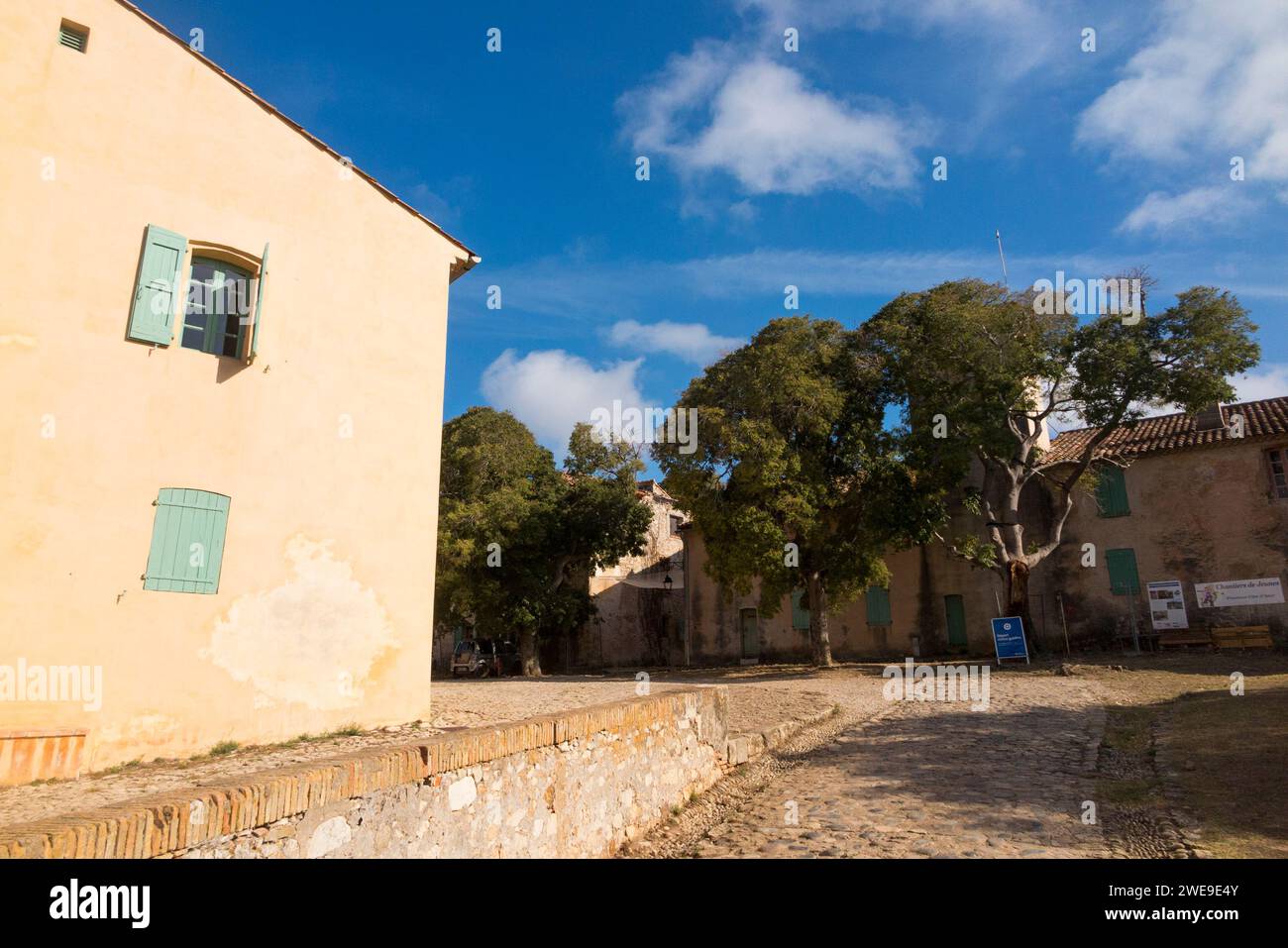 Interior yard & buildings of Fort Royal, also a former prison, on Île ...