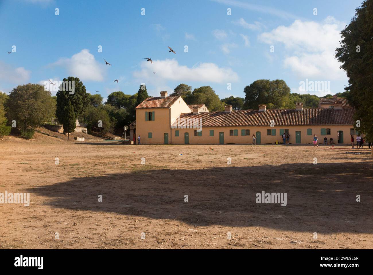 Interior yard & buildings of Fort Royal, also a former prison, on Île ...