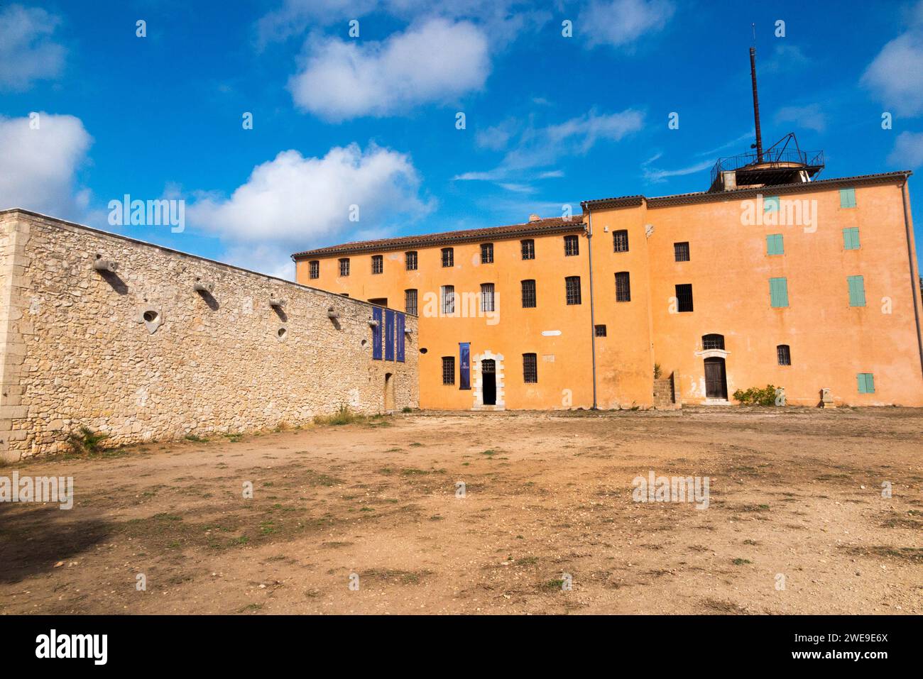 Interior yard & buildings of Fort Royal, also a former prison, on Île ...