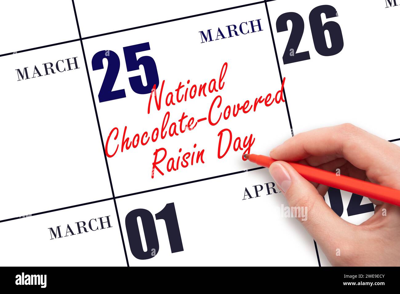 March 25. Hand writing text National Chocolate-Covered Raisin Day on ...