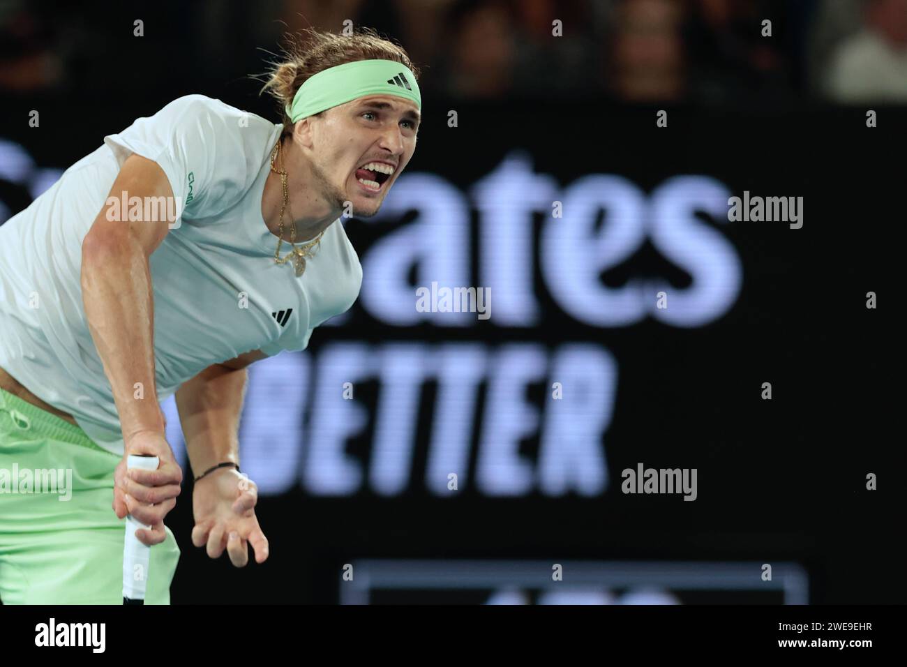 Melbourne, Australia, 24th Jan, 2024. Tennis player Alexander Zverev from Germany is in action ...
