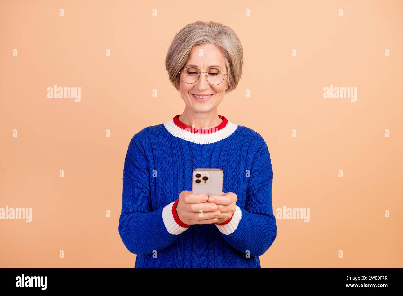 Photo of lovely cheerful lady writing sms answer email letter isolated ...